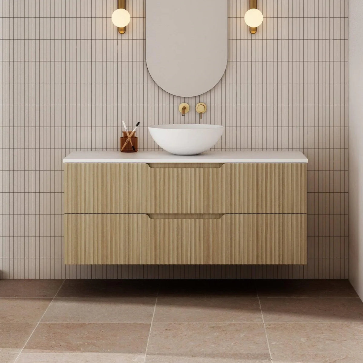 Milano Wave Flute 1200mm Wall Hung Vanity Natural Oak | Ideal Bathroom ...