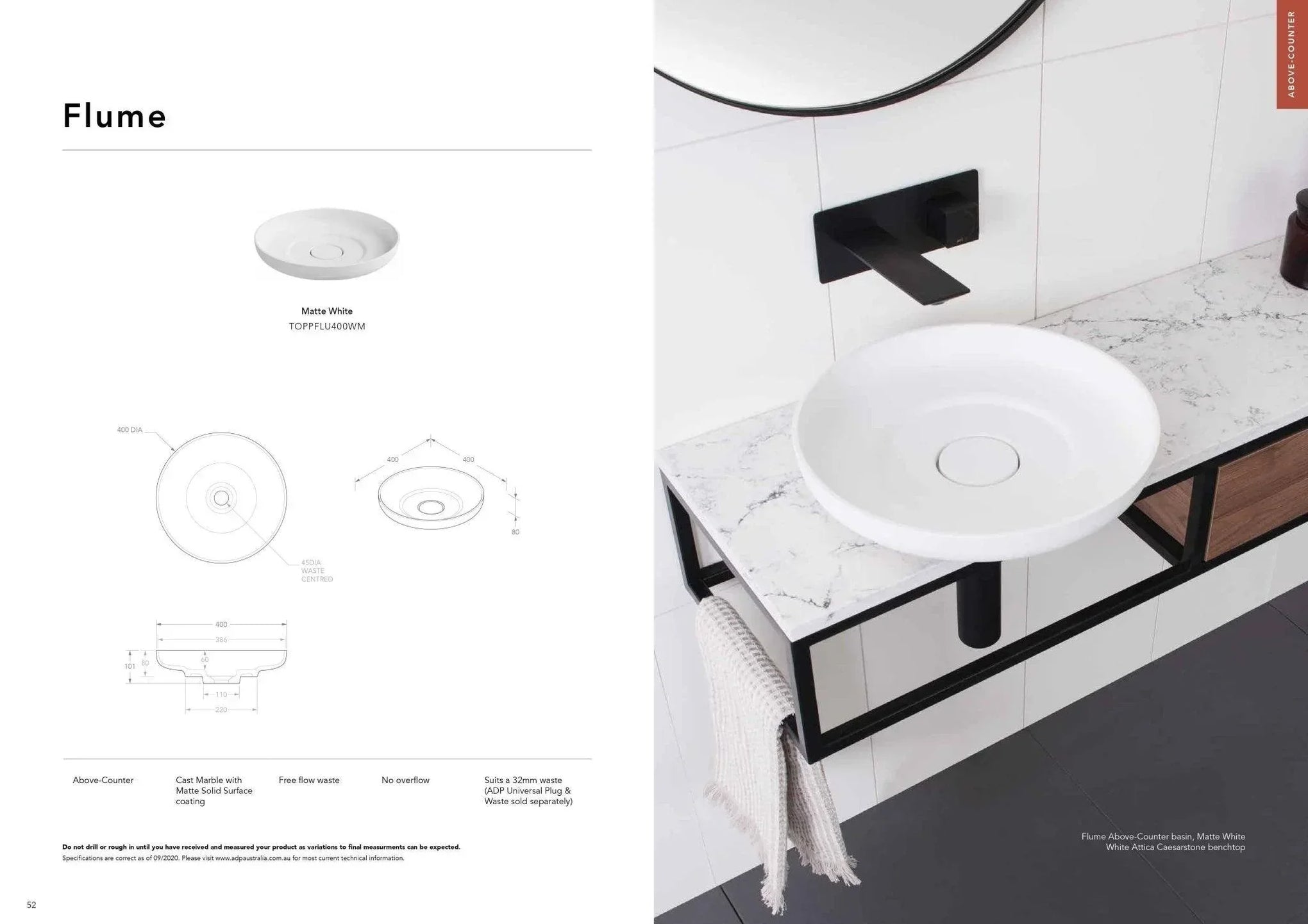 ADP Flume Ceramic Above Counter Basin Matte White | Ideal Bathroom Centre