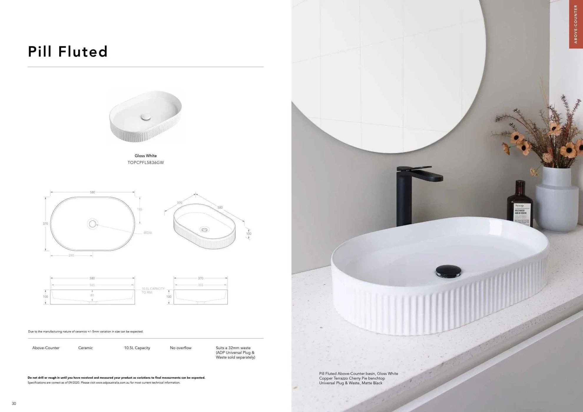 ADP Pill Fluted Ceramic Above Counter Basin-Gloss White | Ideal Bathroom Centre