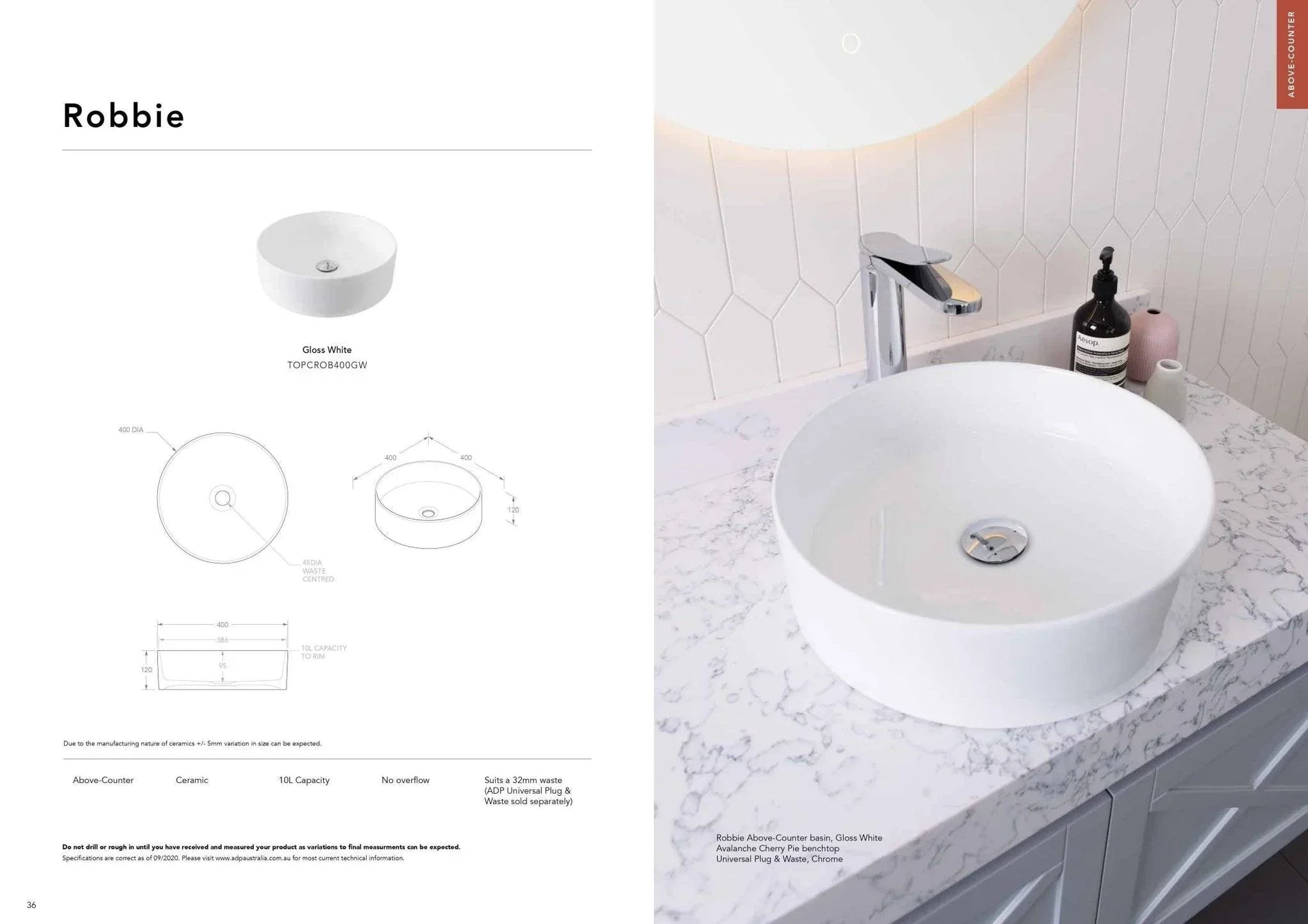 ADP Robbie Ceramic Above Counter Basin-Gloss White | Ideal Bathroom Centre