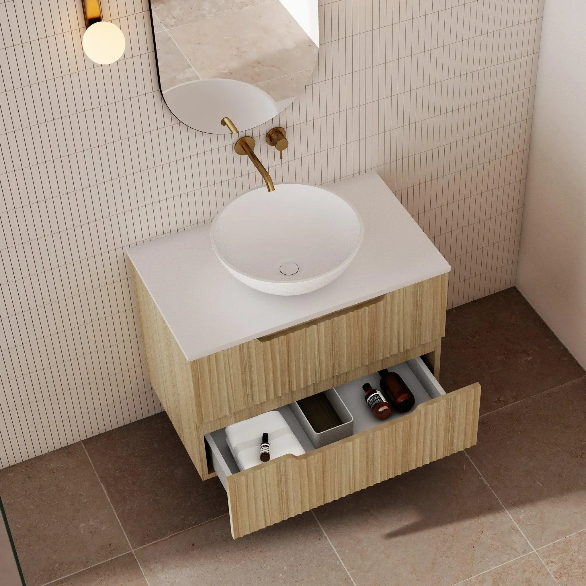 Milano Wave Flute Wall Hung Vanity Natural Oak — Ideal Bathroom Centre