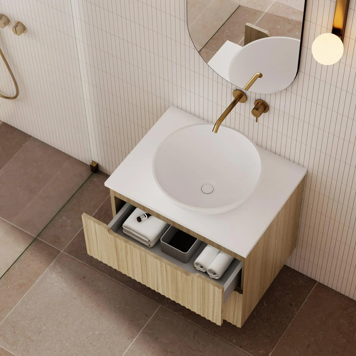 Milano Wave Flute Wall Hung Vanity Natural Oak — Ideal Bathroom Centre