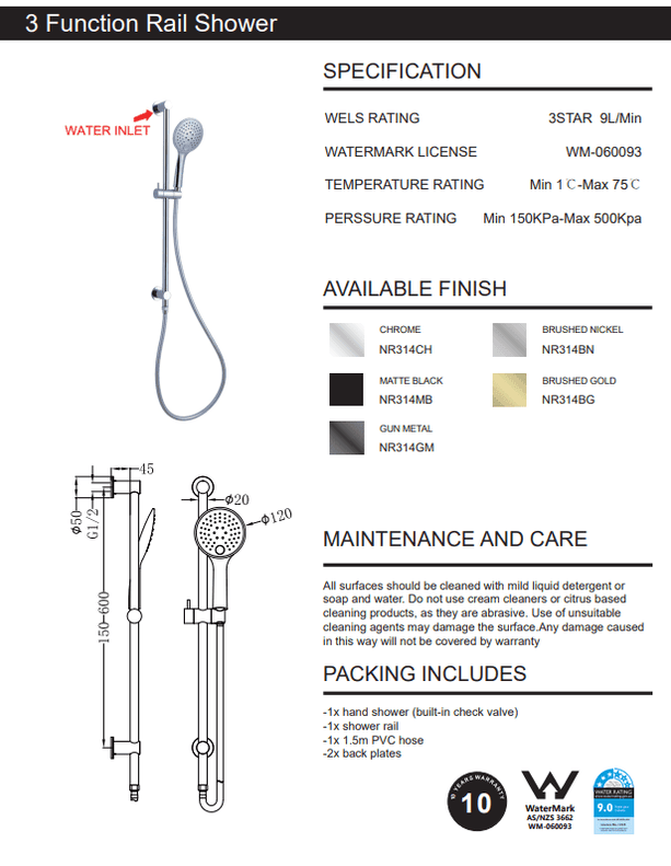 NERO 3 FUNCTION SHOWER RAIL CHROME — Ideal Bathroom Centre