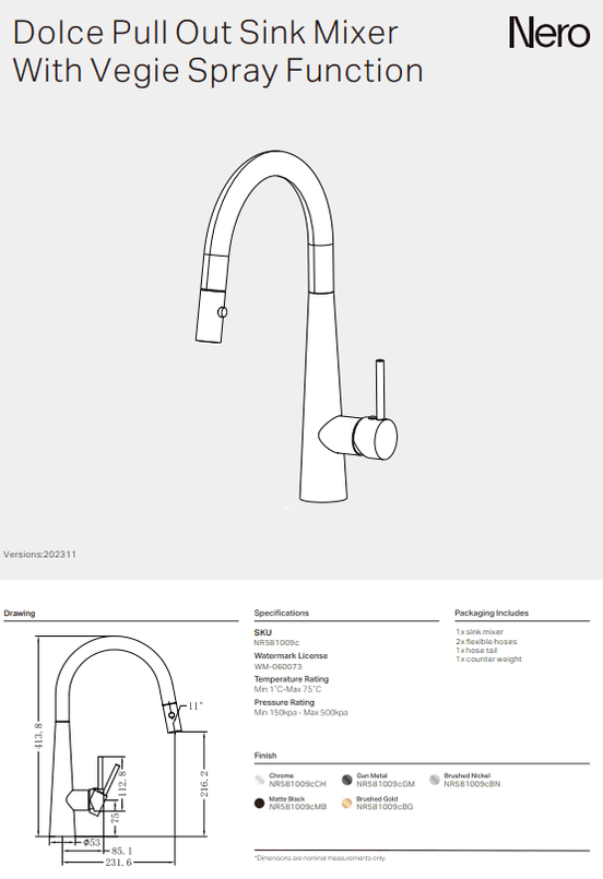 NERO DOLCE PULL OUT SINK MIXER WITH VEGIE SPRAY FUNCTION MATTE BLACK ...