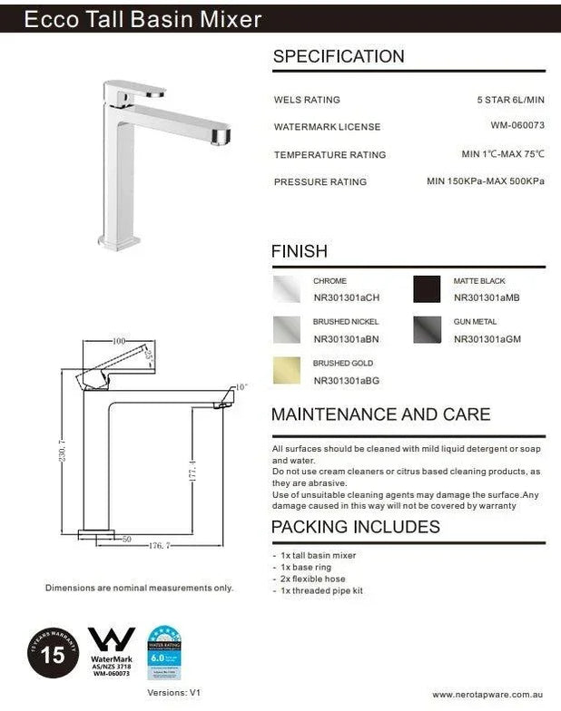 NERO ECCO TALL BASIN MIXER MATTE BLACK — Ideal Bathroom Centre