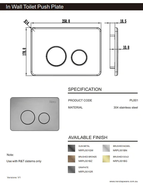 NERO IN WALL TOILET PUSH PLATE GRAPHITE — Ideal Bathroom Centre