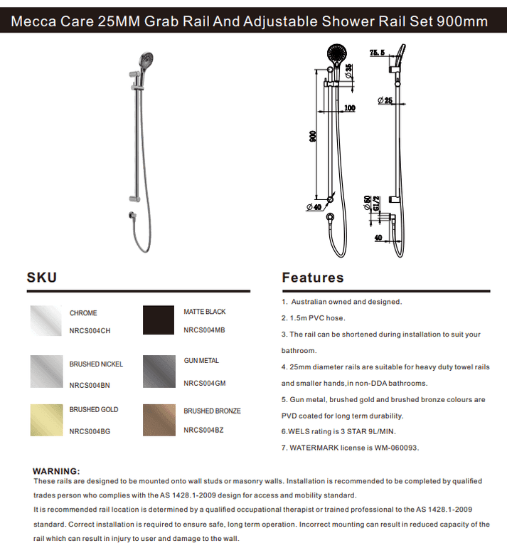 NERO MECCA CARE 25MM GRAB RAIL AND ADJUSTABLE SHOWER RAIL SET 900MM BR ...