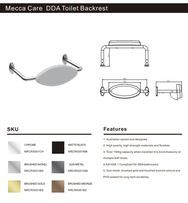 NERO MECCA CARE DDA TOILET BACKREST MATTE BLACK — Ideal Bathroom Centre