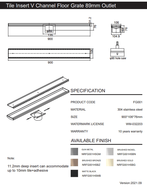 NERO TILE INSERT V CHANNEL FLOOR GRATE 89MM OUTLET WITH HOLE SAW BRUSH ...